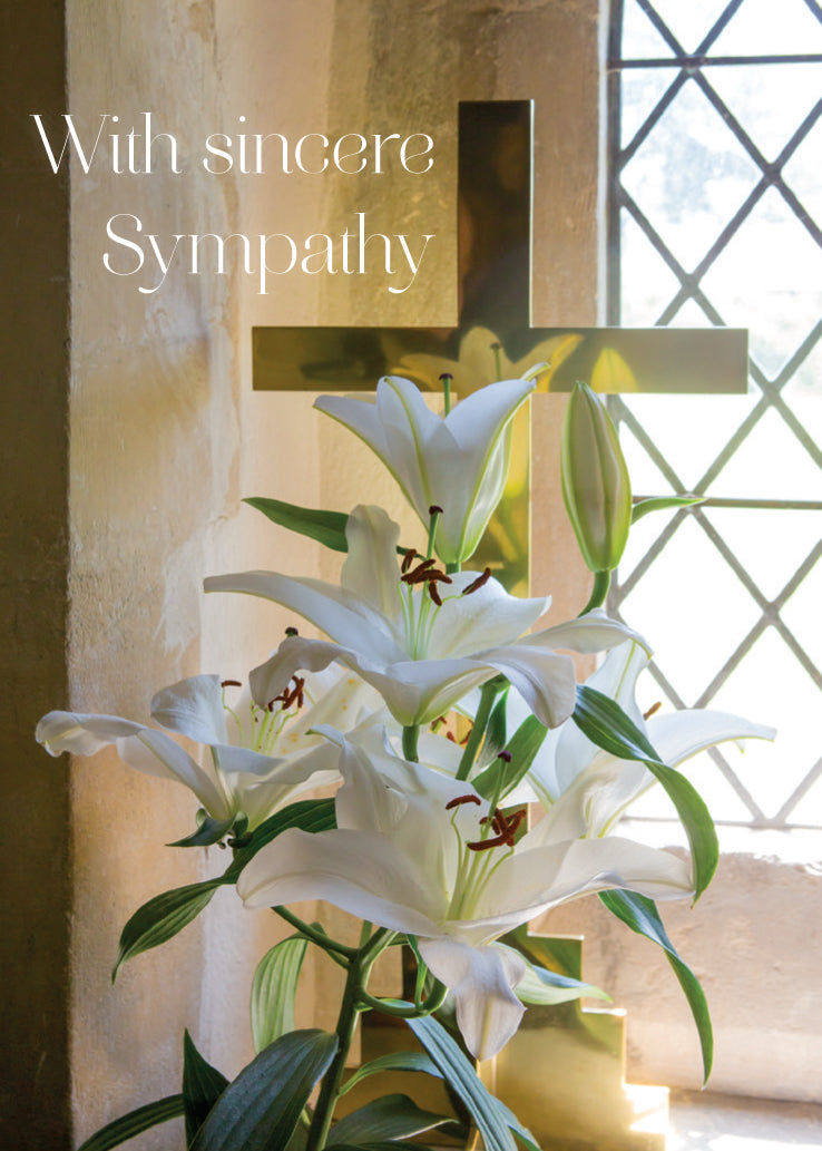 Sympathy Card - White Lilies Near Cross – Leonard Smith